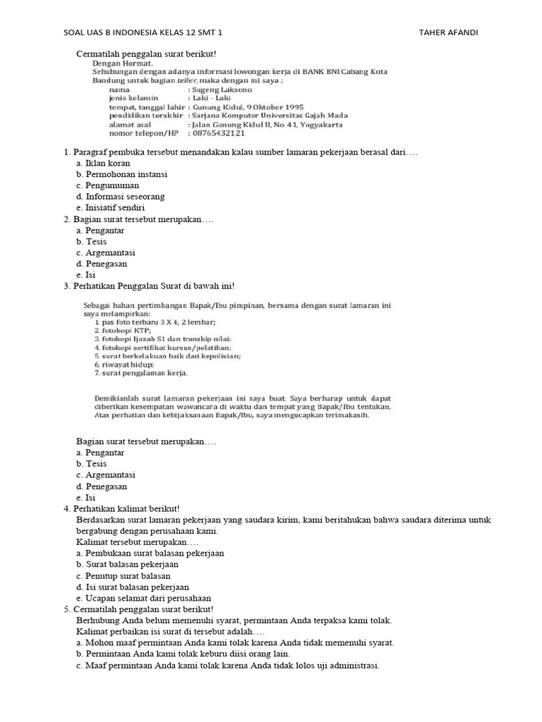 Soal Uas B Indo Kelas 12 SMT 1 | PDF