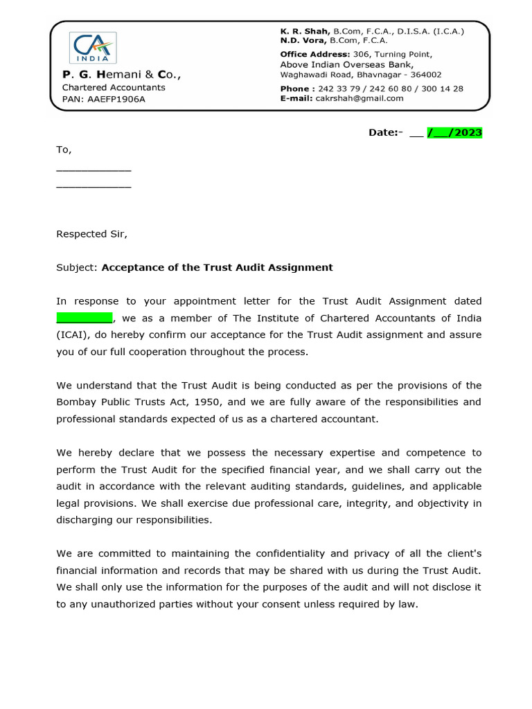 Trust Audit Assignment Acceptance Letter | PDF | Finance & Money Management