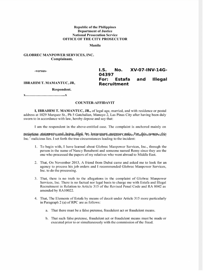Sample Counter Affidavit for Fraud Case | PDF | Fraud | Property Crimes