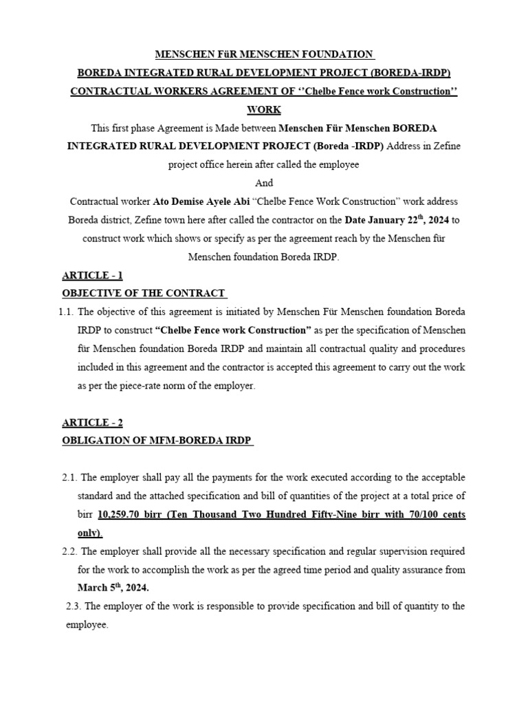 Contract for Chelbe Fence Work | PDF | Employment | Economies