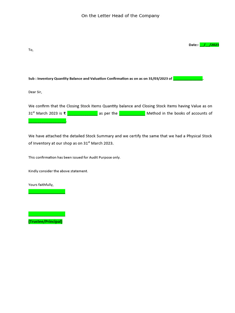 Inventory Balance Confirmation Letter | PDF | Career & Growth | Business