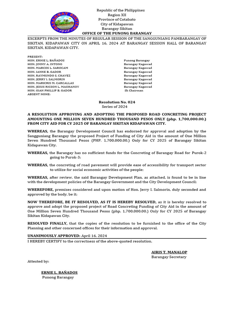 Barangay Resolution for Road Concreting | PDF | Philippines