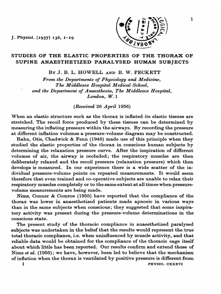 Studies of The Elastic Properties of The Thorax of Supine Anaesthetized Paralysed Human Subjects ...