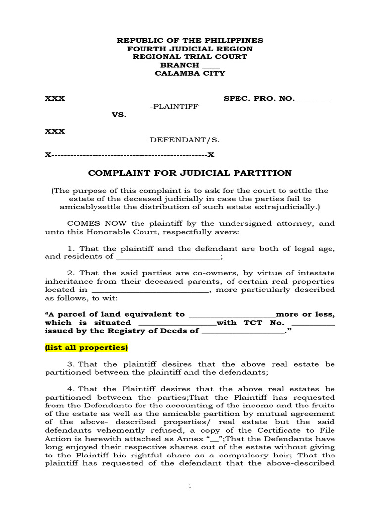 Complaint For Judicial Partition | PDF | Real Property | Justice