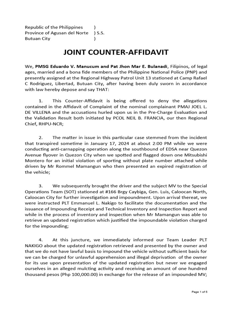 Counter-Affidavit PMSG Manucum & Pat Bulanadi | PDF | Hearsay | Burden Of Proof (Law)