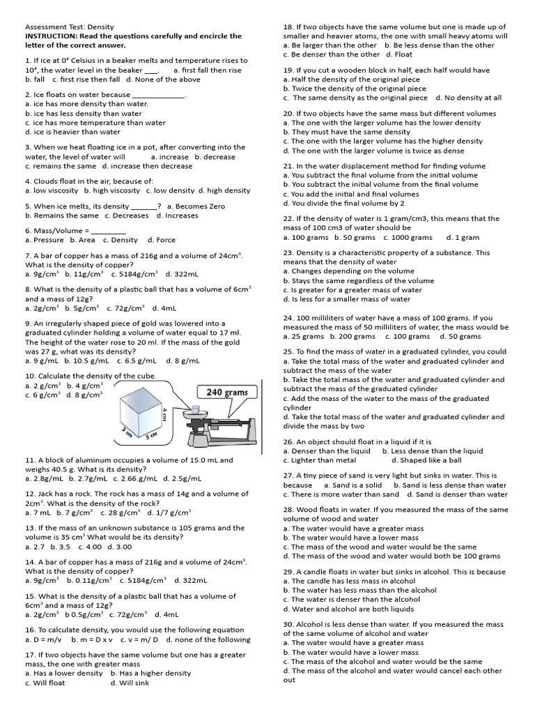 Assessment Test Density | PDF | Density | Buoyancy