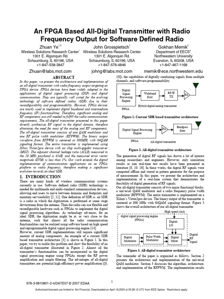 An Fpga Based All Digital Transmitter With Radio Frequency Output For Software Defined Radio