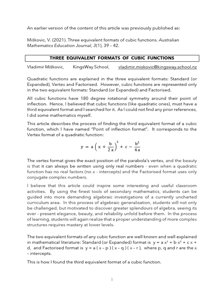 3 Equivalent Formats Of Cubic Functions Pdf Quadratic Equation Factorization