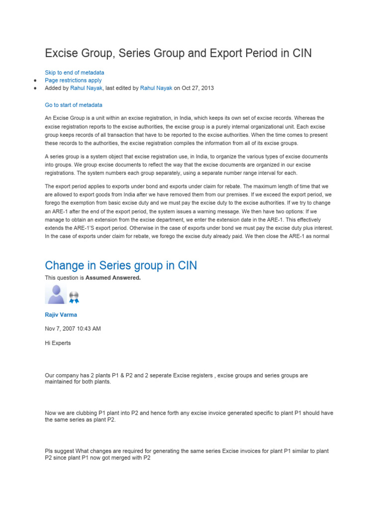 Excise Group and Series Management in CIN | PDF | Excise | Taxation