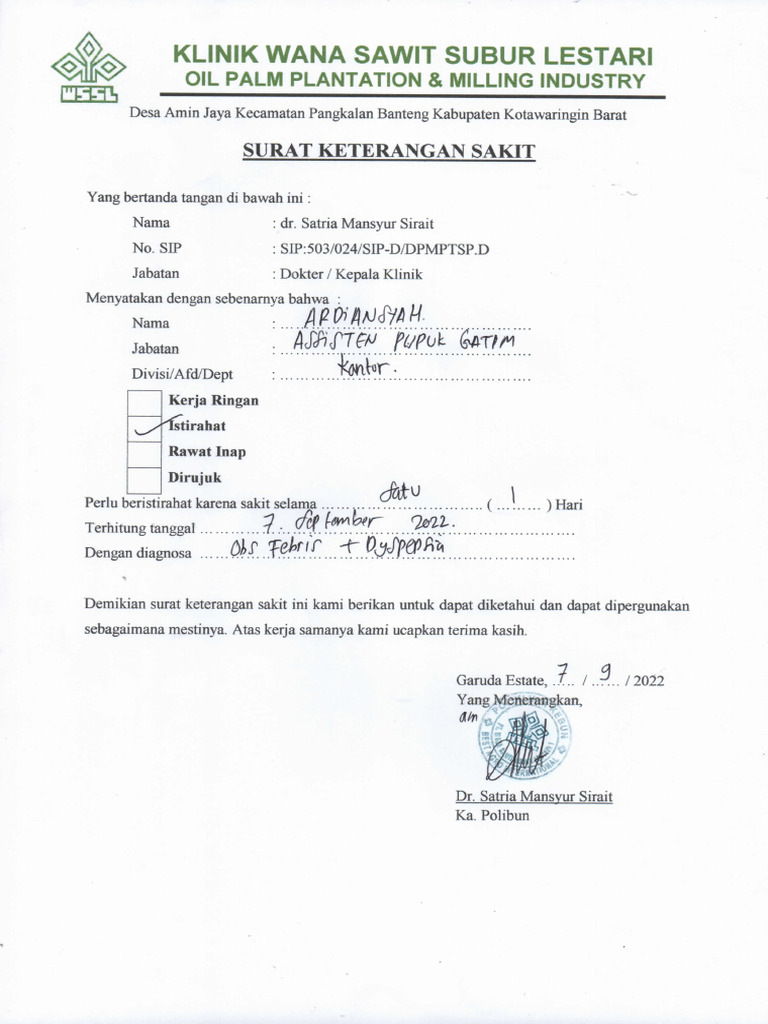 Surat Ijin Sakit Ardiansyah | PDF