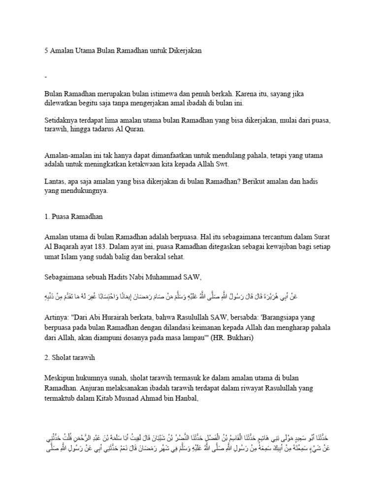 5 Amalan Utama Bulan Ramadhan Untuk Dikerjakan | PDF