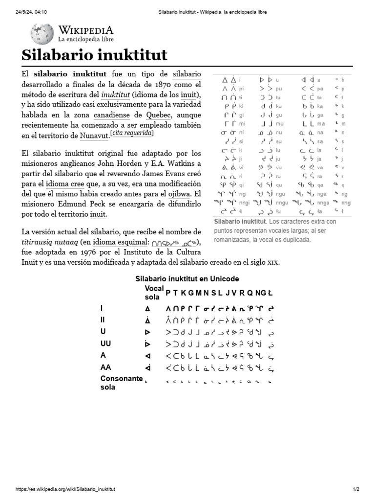 Silabario Inuktitut - Wikipedia, La Enciclopedia Libre | PDF | esquimal ...
