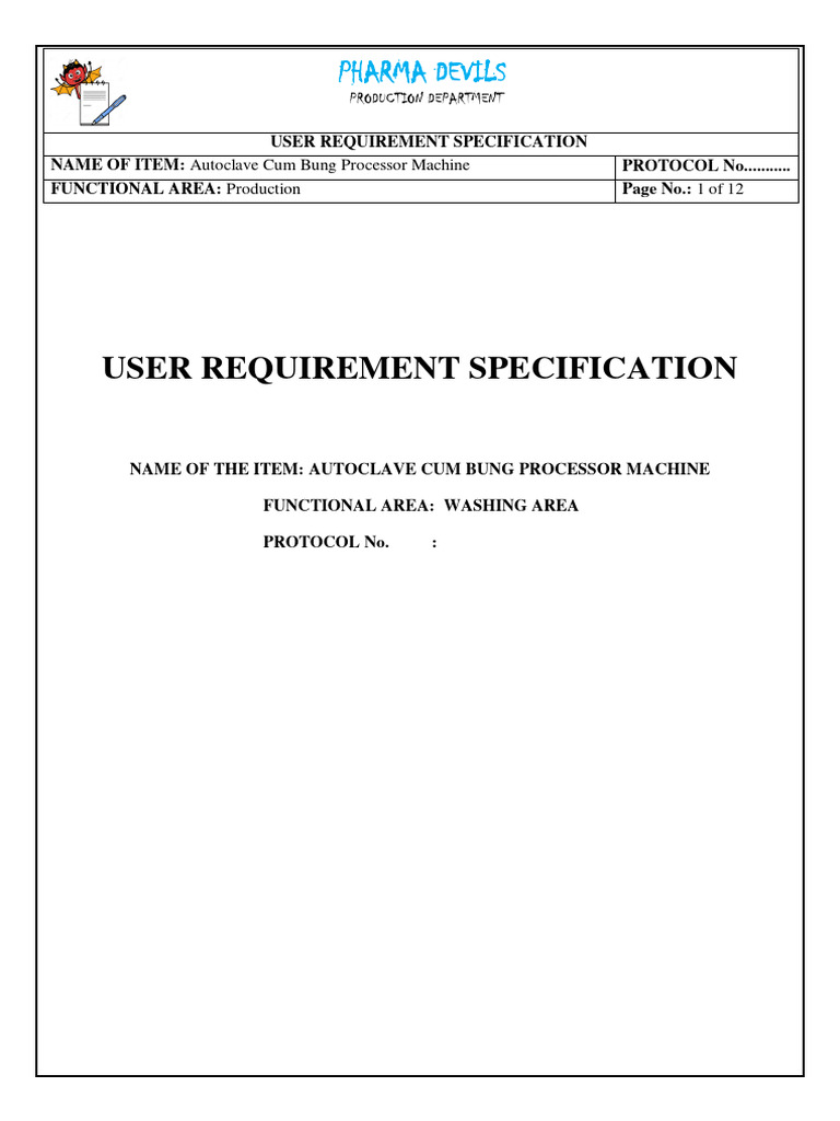 User Requirement Specification For Autoclave | PDF | Verification And Validation | Specification ...