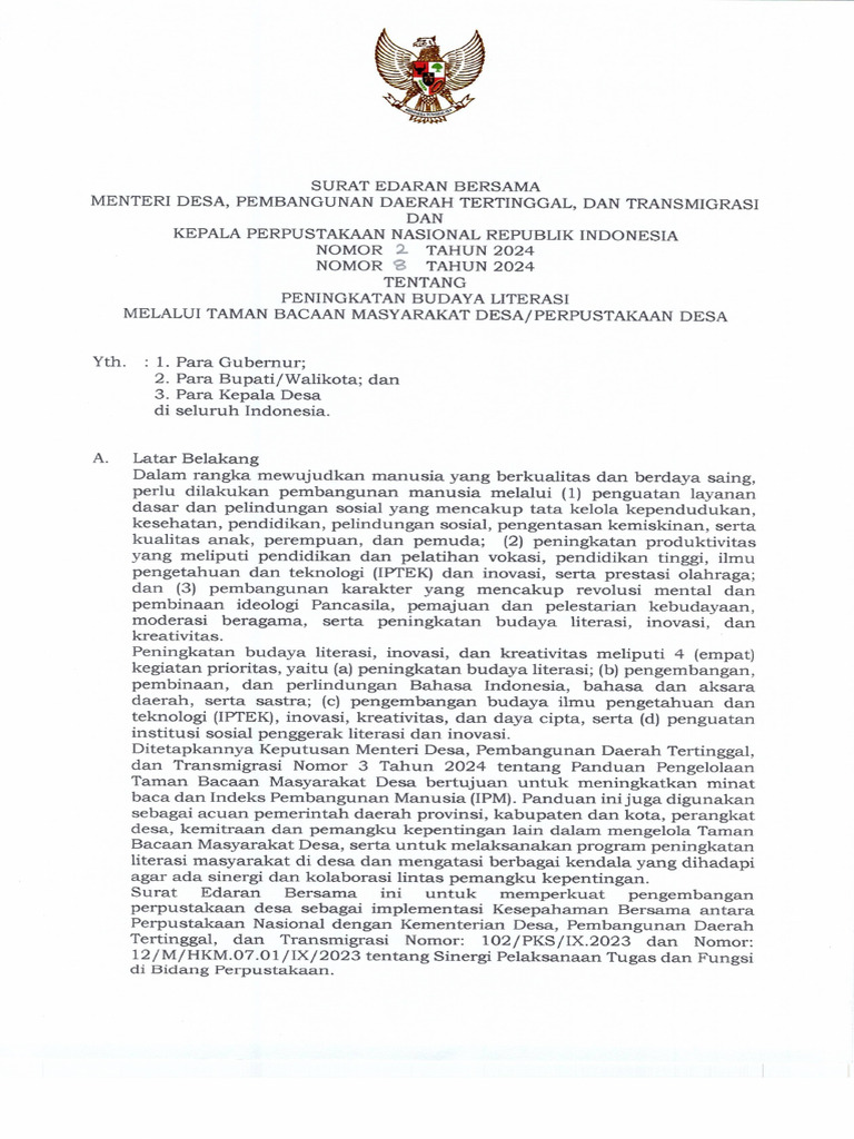 Surat Edaran Bersama Mendes PDTT Dan PLT Kepala Perpustakaan Nasional ...