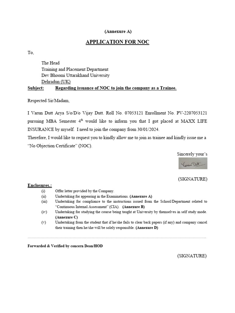 NOC Request for MBA Trainee Placement | PDF | Vocational Education ...