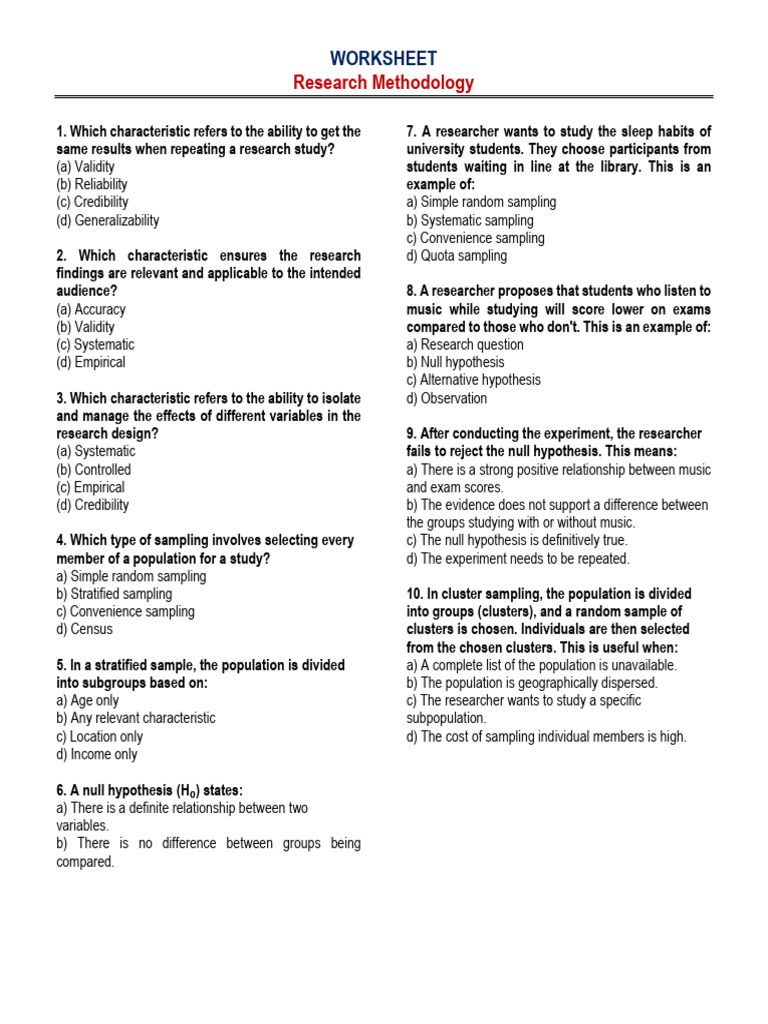 RM worksheet | PDF | Sampling (Statistics) | Hypothesis
