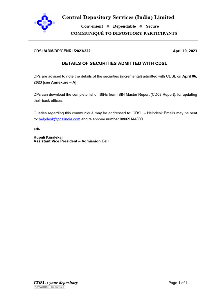 Communiques DP DP 222 Securities Admitted With CDSL 06042023 | PDF | Securities (Finance ...