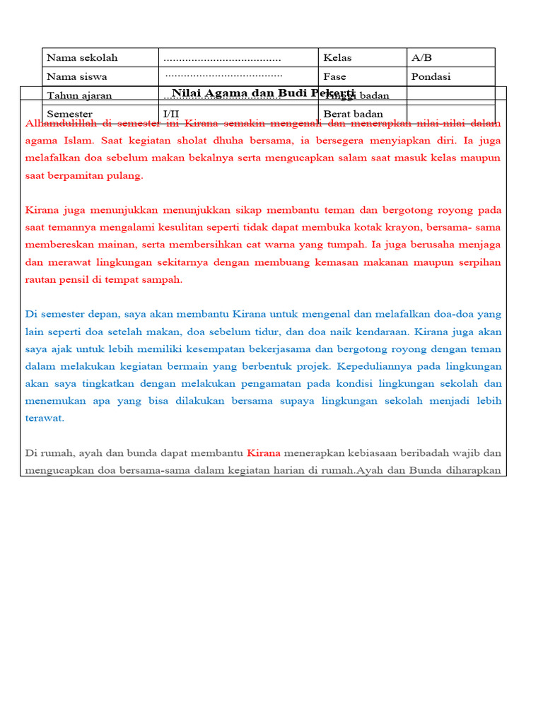 Contoh Rapot Kurmer | PDF