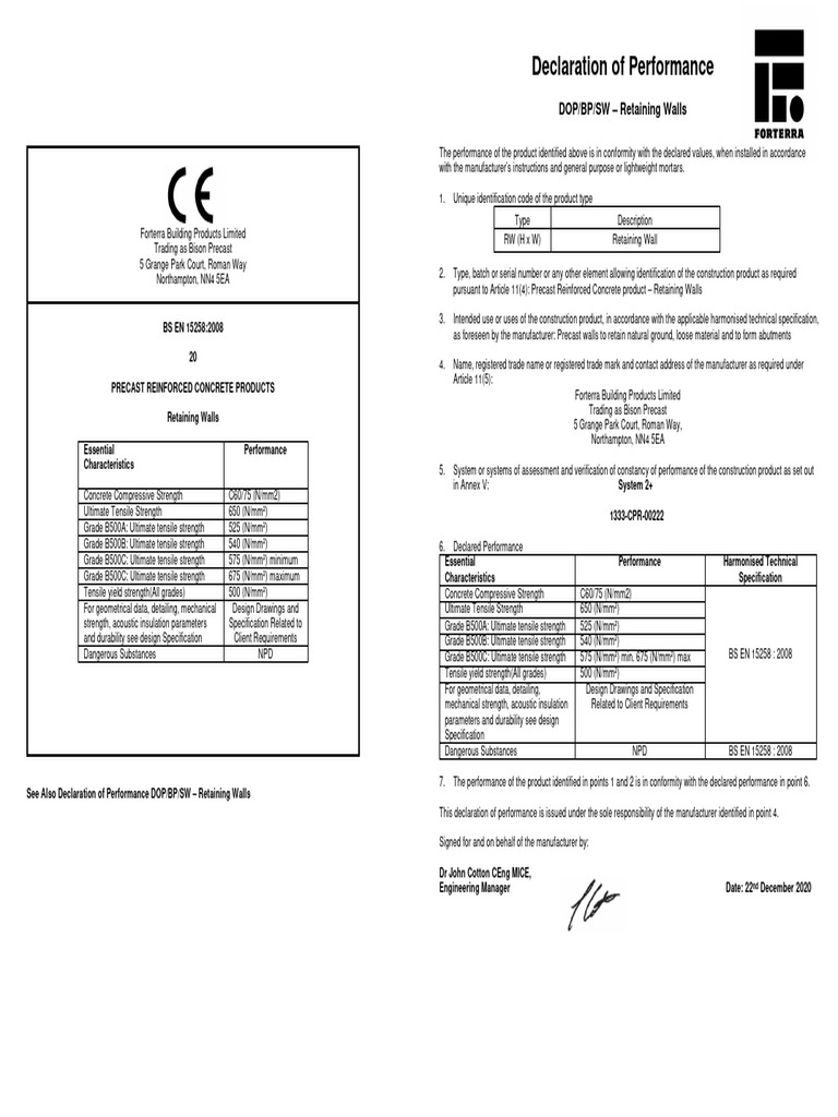 CE_DOP_BP_Retaining_Walls_12_20 | PDF | Concrete | Precast Concrete