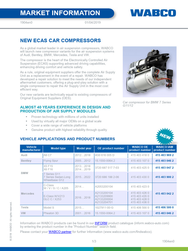 WABCO Launches New ECAS Compressors | PDF | Original Equipment Manufacturer | Bmw