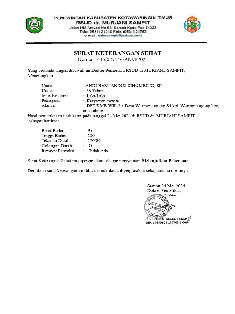 Rsud Dr. Murjani Sampit, Surat Sehat | PDF