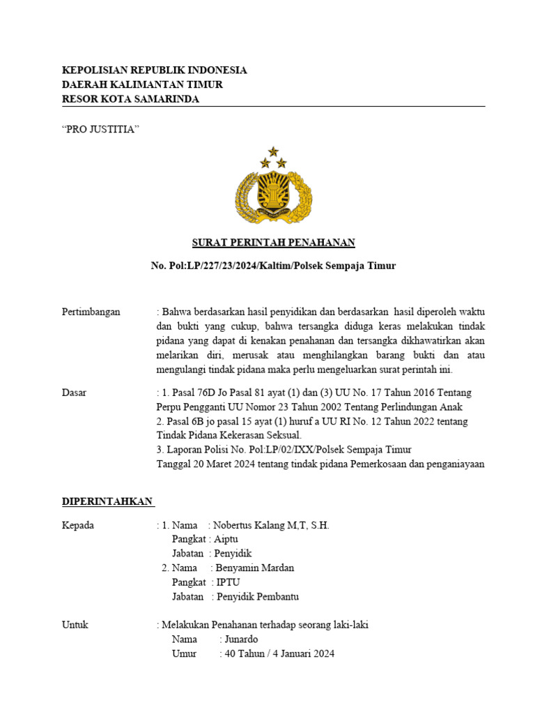 Surat Perintah Penahanan Junardo | PDF