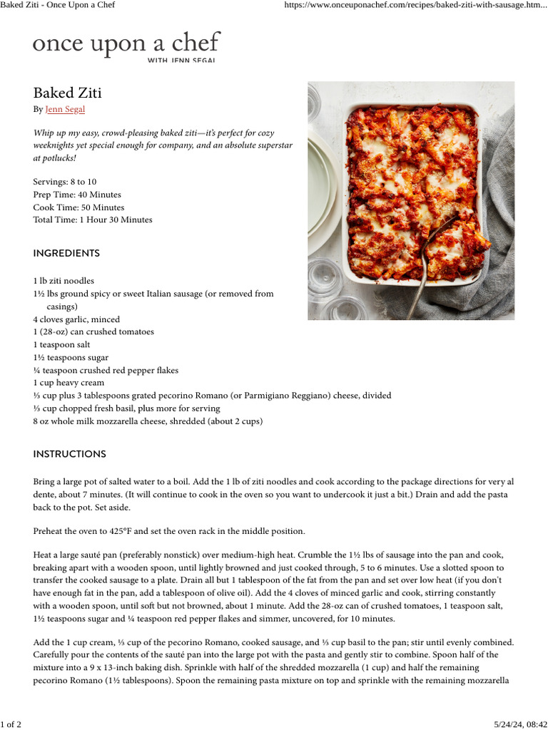 Baked Ziti - Once Upon A Chef | PDF | Teaspoon | Pasta