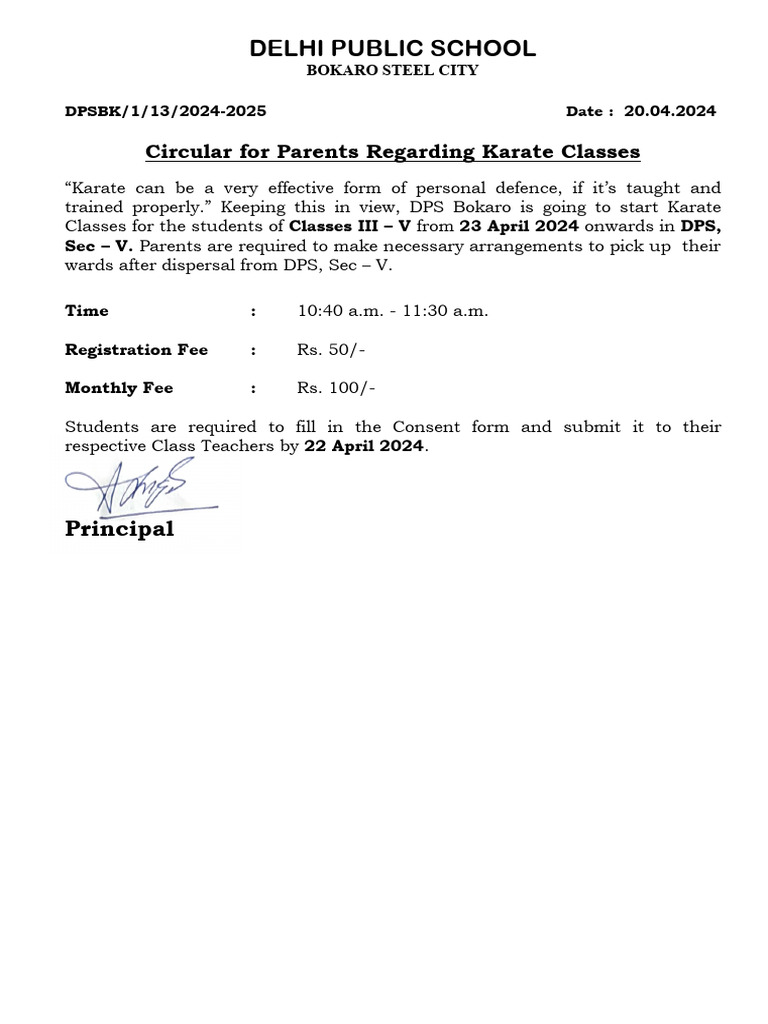 Circular For Parents Regarding Karate Classes | PDF | Career & Growth