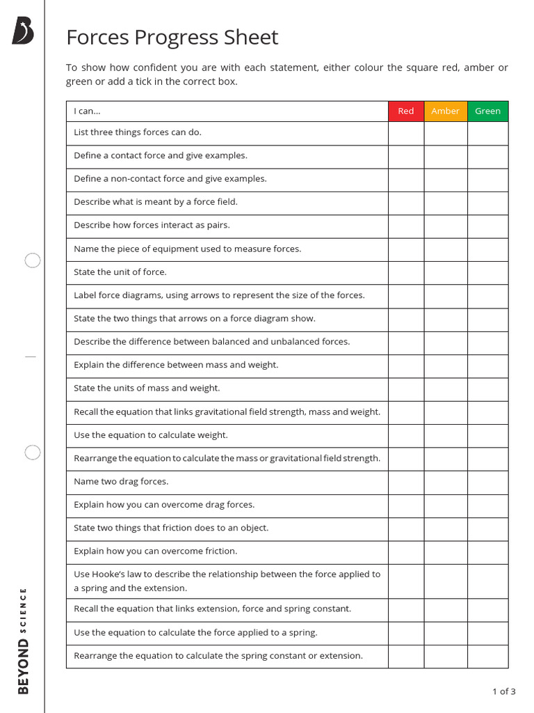 T SC 2549621 KS3 Forces Progress Sheet - Ver - 3 | PDF | Force | Mass