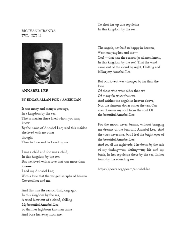 Annabel Lee: by Edgar Allan Poe / American | PDF | Poems