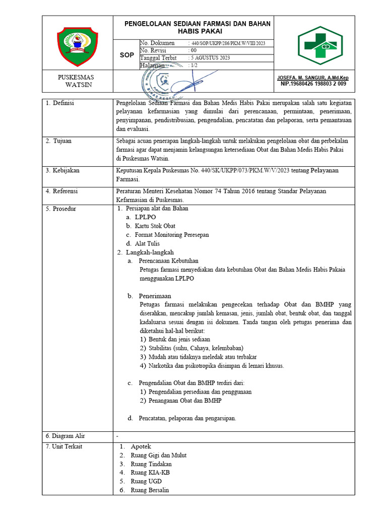 SOP PENGELOLAAN SEDIAAN FARMASI Dan BHP | PDF