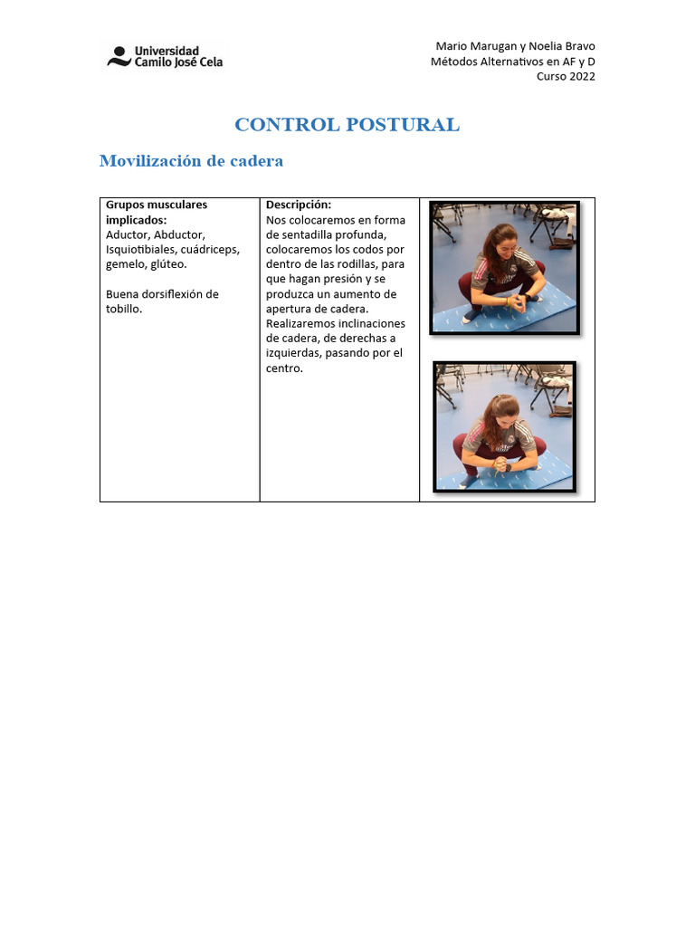 Ficha Ejercicios Métodos Alternativos Control Postural | PDF | Rodilla | Articulaciones