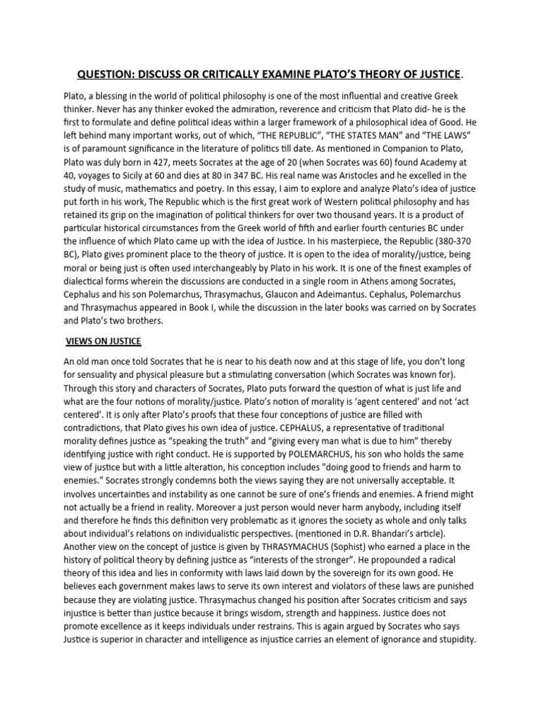 Critically Examine Plato's Theory of Justice | PDF | Plato | Justice