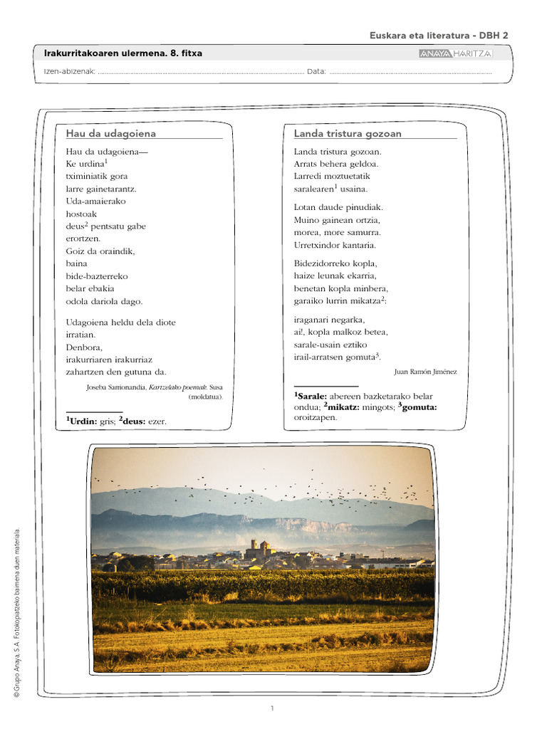 Hau Da Udagoiena Landa Tristura Gozoan: Irakurritakoaren Ulermena. 8. Fitxa | PDF