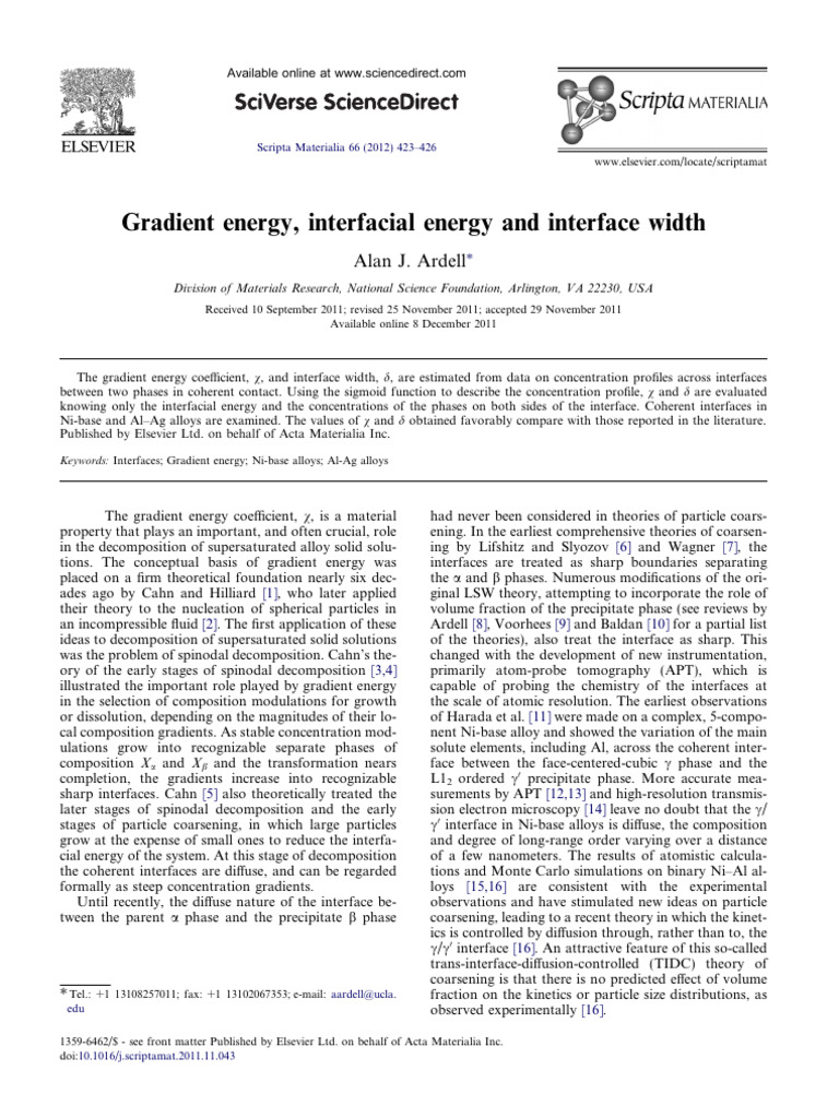 Gradient Energy - Interfacial Energy - A J Ardell | PDF | Diffusion | Physical Chemistry
