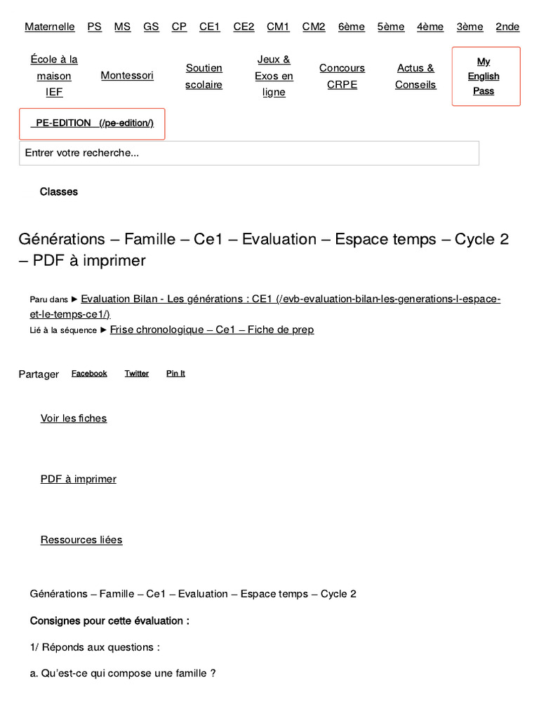 Générations - Famille - Ce1 - Evaluation - Espace Temps - Cycle 2 - PDF ...