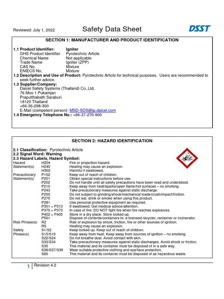 Pyrotechnic Igniter Safety Data Sheet | PDF | Occupational Safety And ...