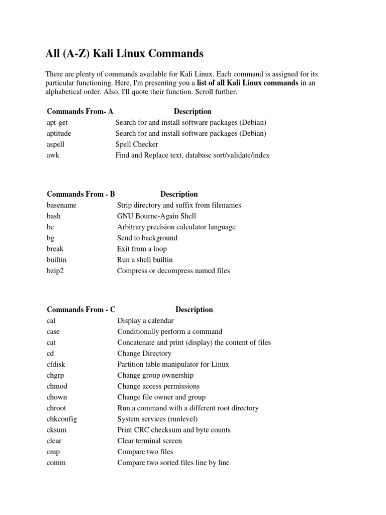 All A Z Kali Linux Commands 1707826005 | PDF | Computer File | Software