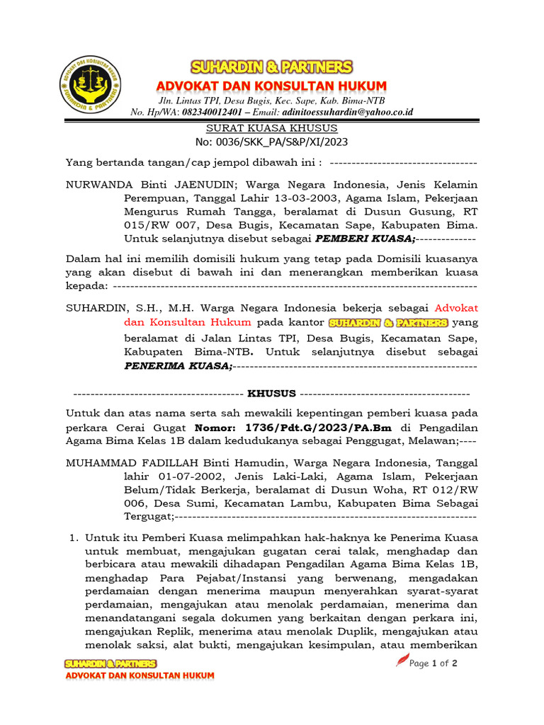 Surat Kuasa Cerai Gugat Nurwanda | PDF