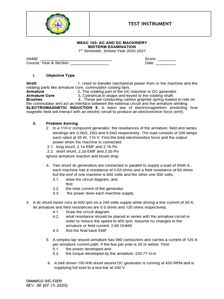 Midterm Exam Pdf Electric Generator Electrodynamics