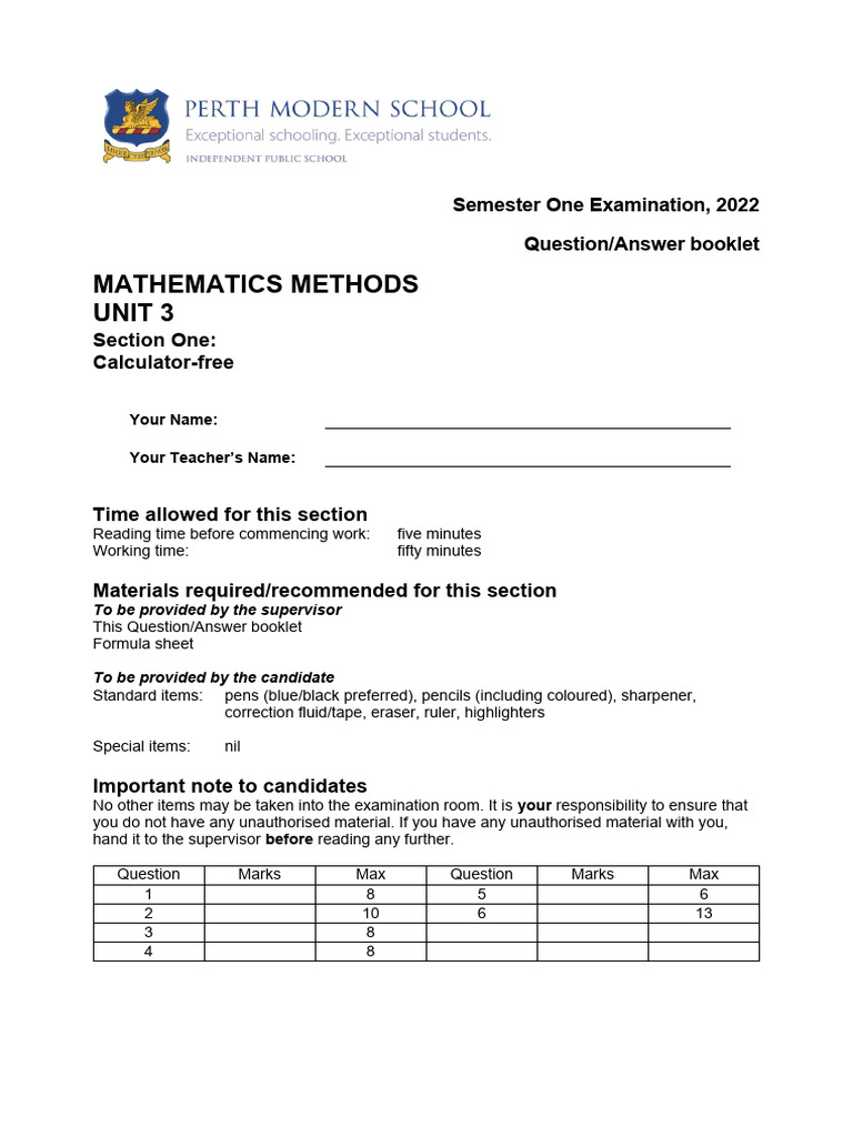 2022 Semester One Mathematics Exam | PDF | Function (Mathematics ...
