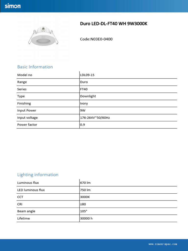 N03E0-0400 Duro LED-DL-FT40 WH 9W3000K | PDF | Electrical Components ...