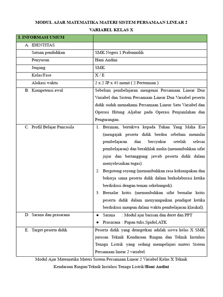 Modul Ajar Sistem Persamaan Linear 2 Variabel | PDF
