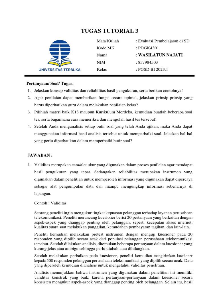 Tugas Tutorial 3 - Evaluasi Pembelajaran Di SD - Wasilatun Najati | PDF | Karier & Perkembangan