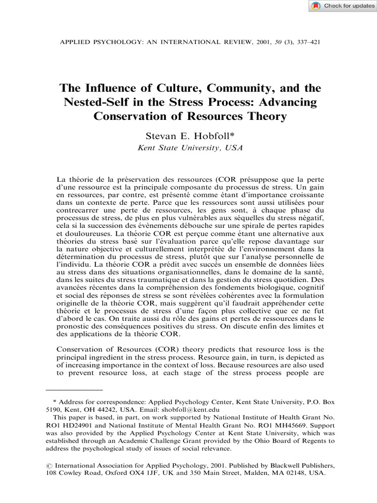 Hobfoll, S. E. (2001) | PDF | Stress (Biology) | Psychology
