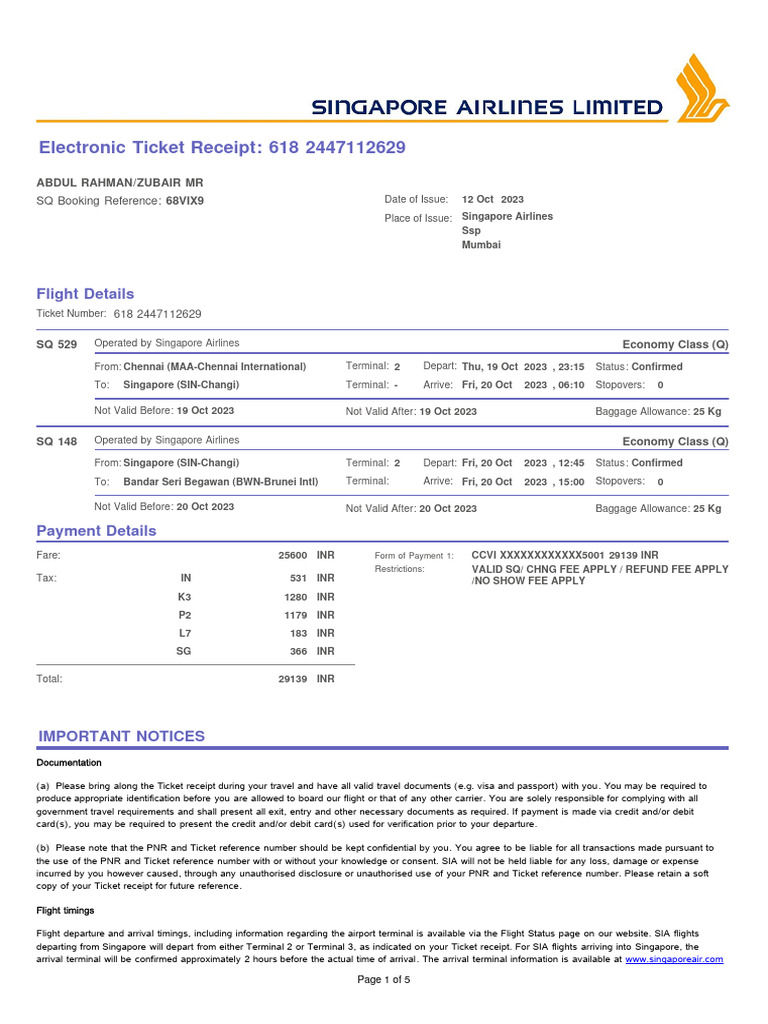 Electronic Ticket Receipt: 618 2447112629: Flight Details | PDF ...