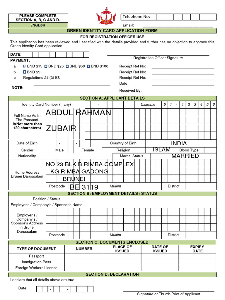 Brunei Green Identity Card Application Form | PDF | Identity Document ...