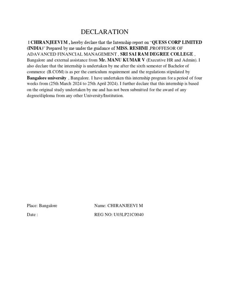 Internship Report on Quess Corp Limited | PDF | Internal Control | Audit