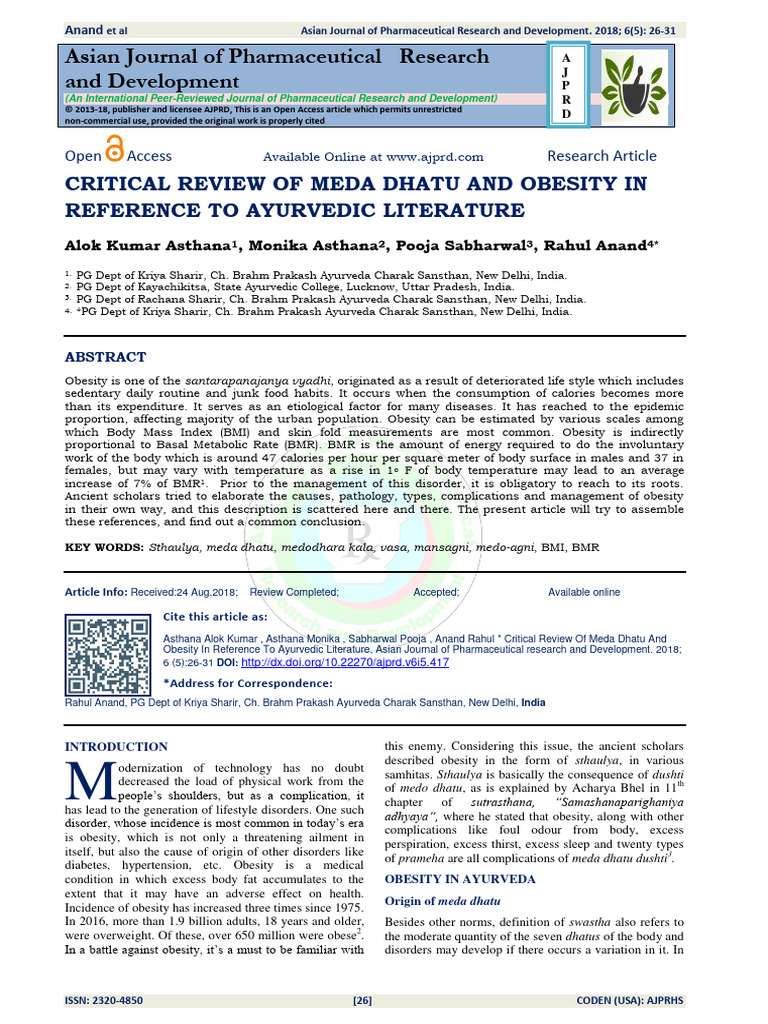 Critical Review of Meda Dhatu and Obesity in Refer | PDF | Obesity ...