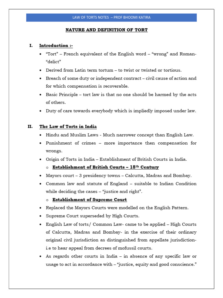 Law of Torts Notes - Prof Bhoomi Katira | PDF | Tort | Damages